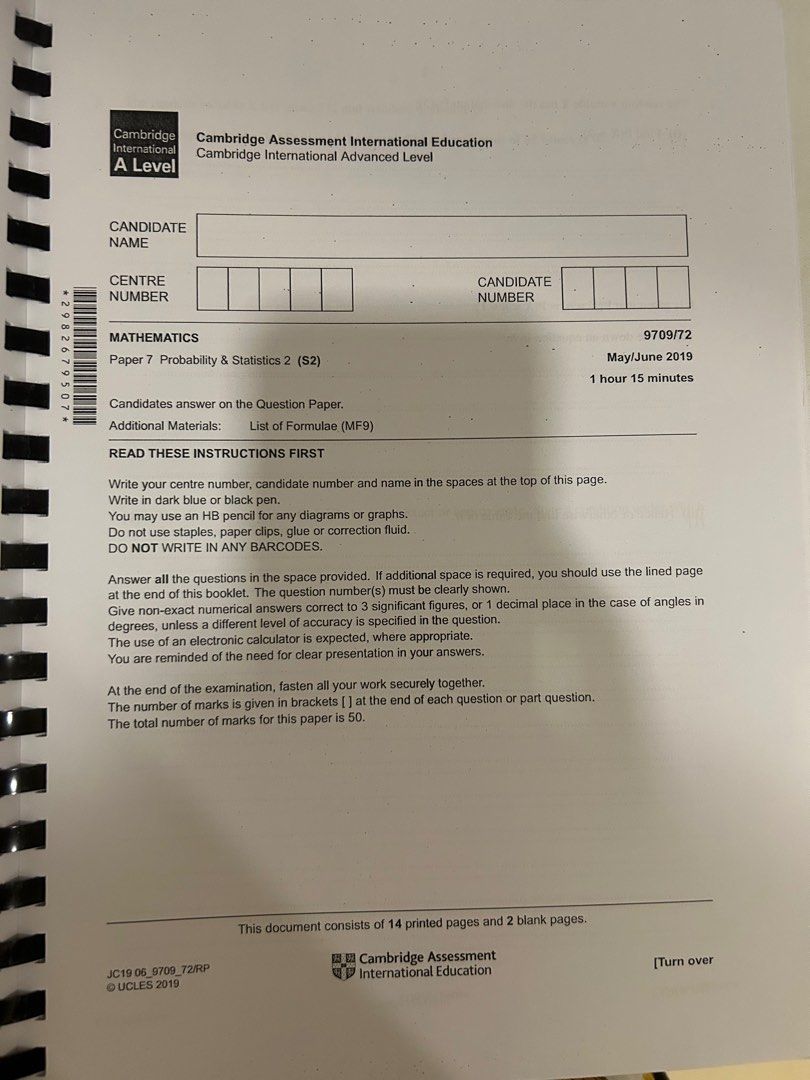 Cambridge A level mathematics statistics 2 past year paper, Hobbies ...