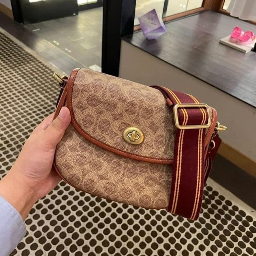 Coach CA093 Willow Saddle Bag Tan Signature Coated Canvas and Rust Refined Calf Leather with ...