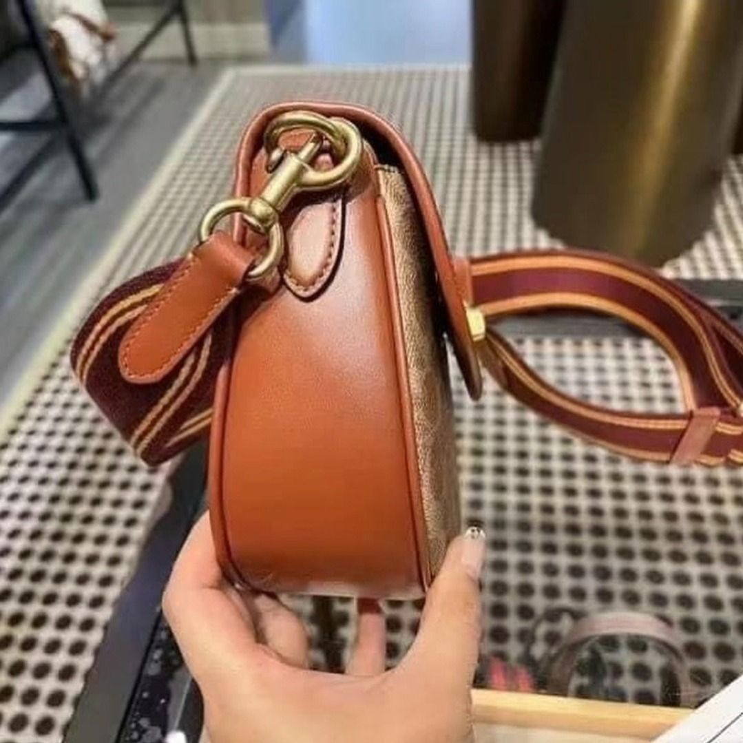 Coach CA093 Willow Saddle Bag Tan Signature Coated Canvas and Rust Refined Calf Leather with ...