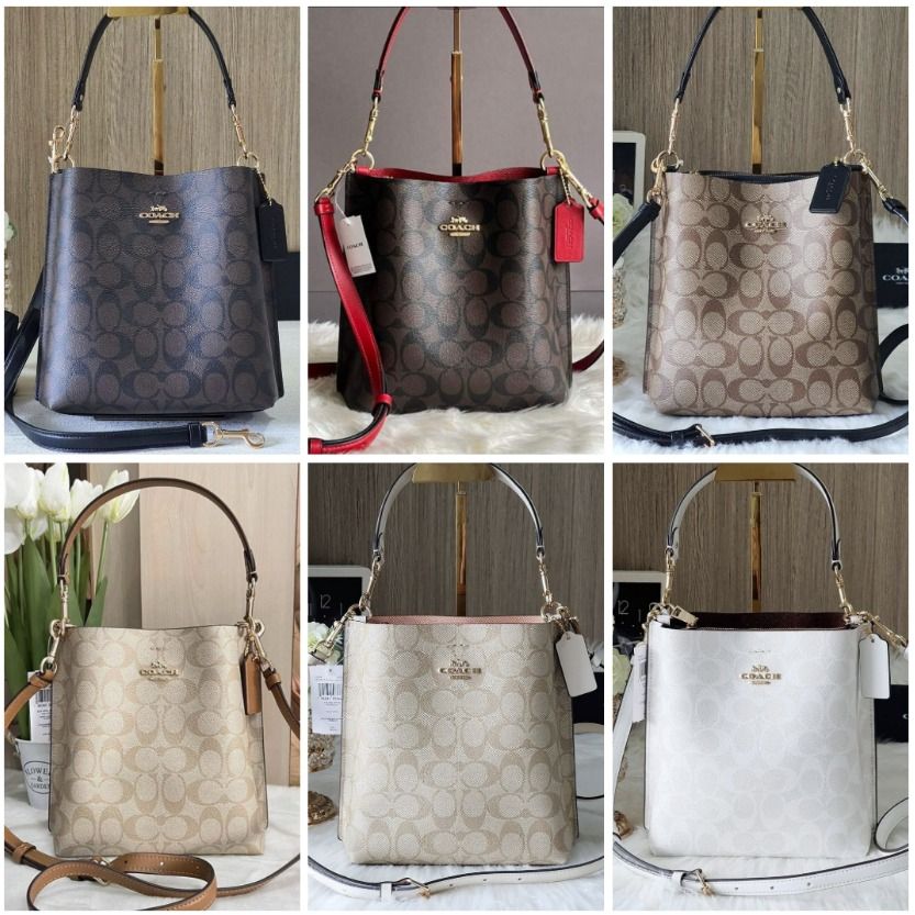 Coach CA582 Mollie Bucket Bag 22 in Brown Signature Coated Canvas and Red Smooth Leather with ...