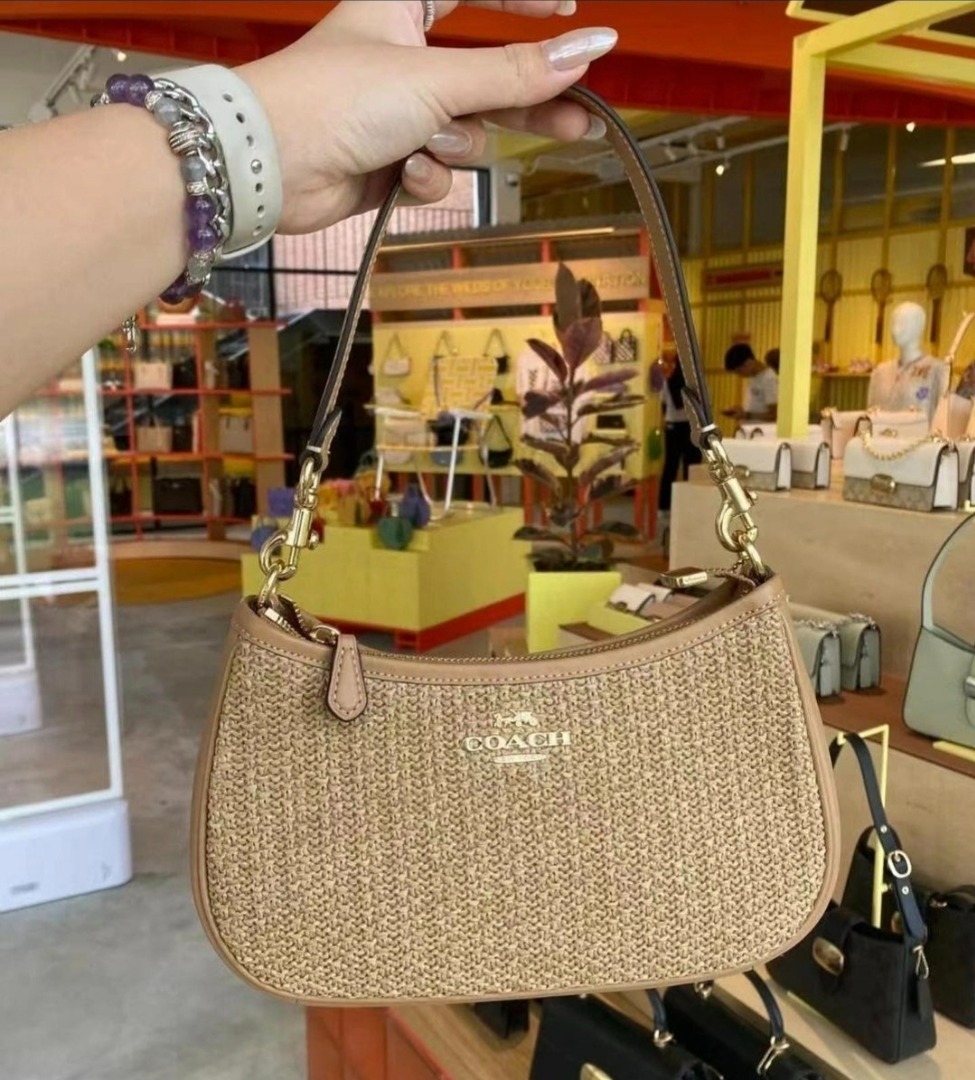 Coach CR350 Teri Shoulder Bag in Latte Straw and Smooth Leather with ...