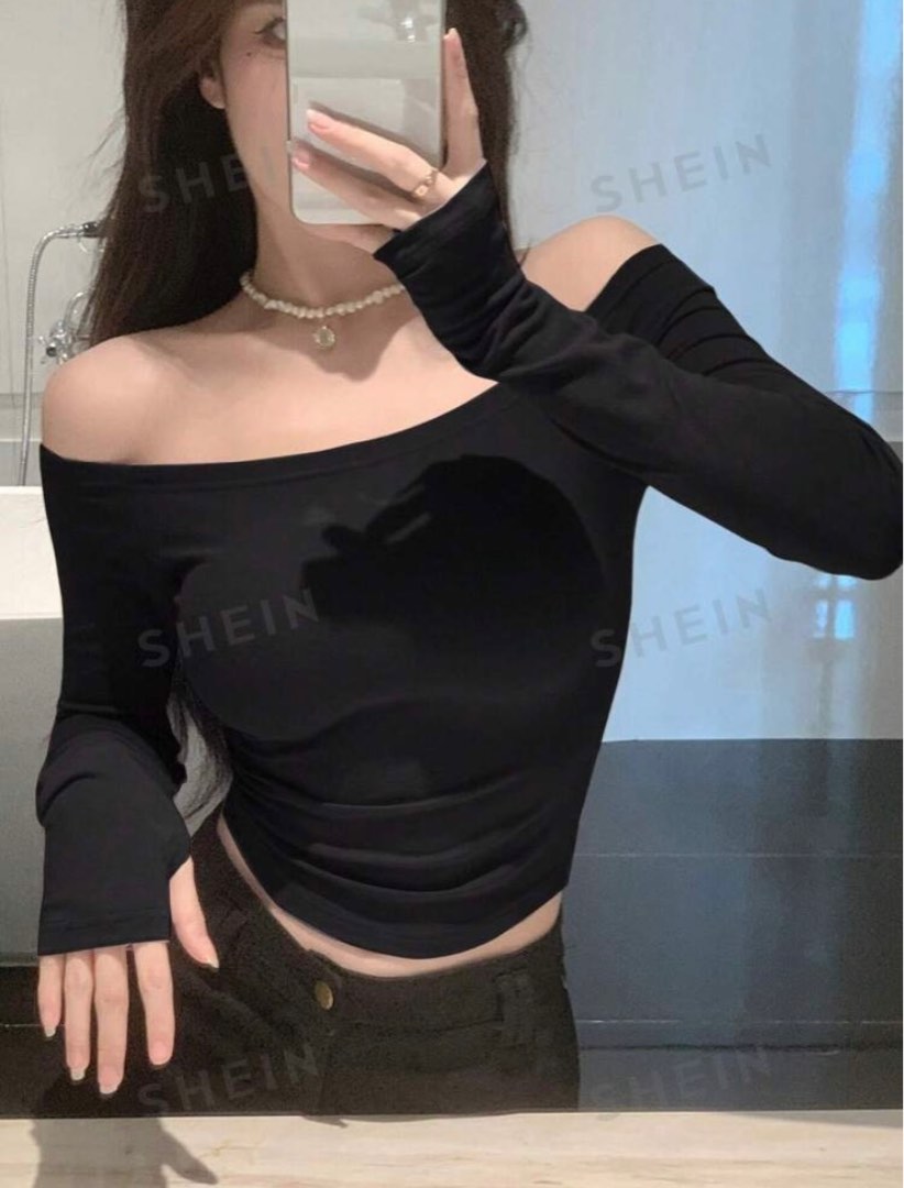 DAZY SHEIN Black Off Shoulder Long-Sleeve Fitted Top, Women's Fashion, Tops, Longsleeves on ...