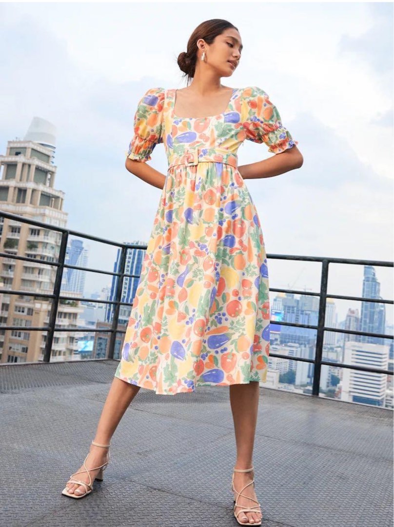 Pomelo - Sustainable Printed Midi Dress With Belt - Cream, Women's ...