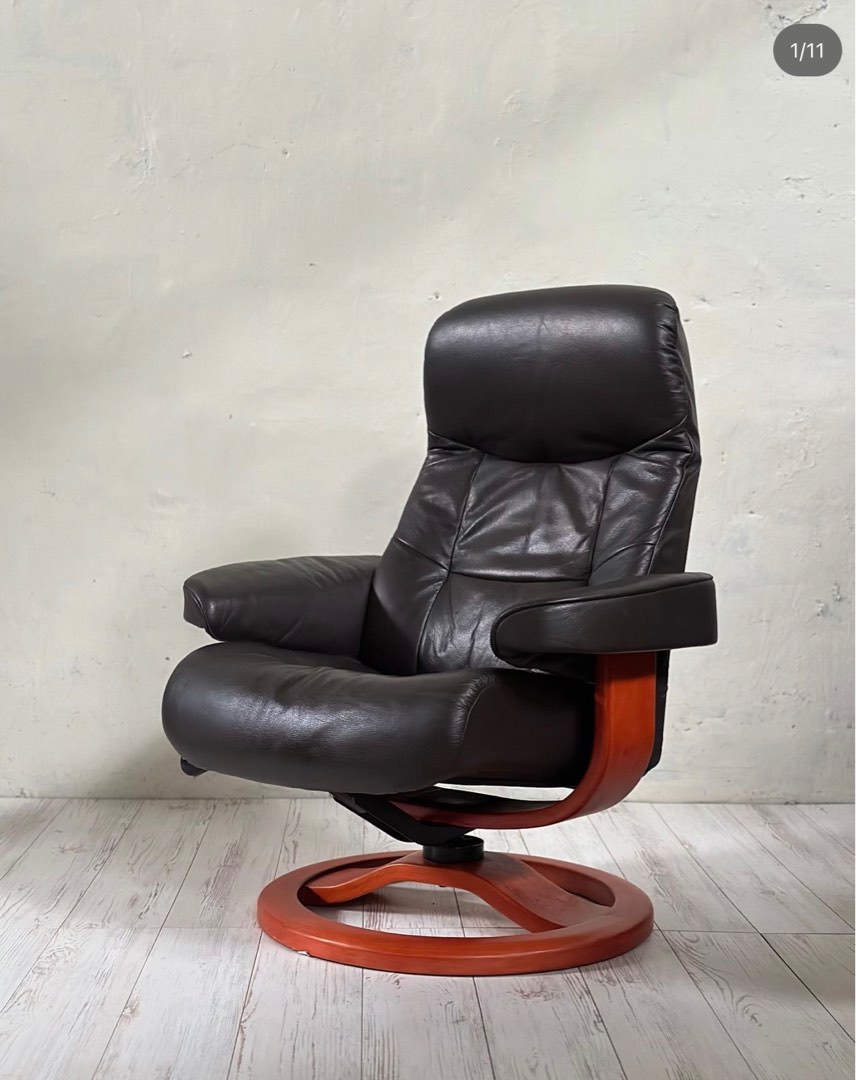 Scandinavian genuine leather swivel lounge recliner by Fjords, Norway ...