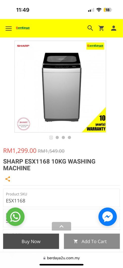 Sharp Washing Machine 10kg ESX1168 Like New | Stickers Not Removed Yet ...