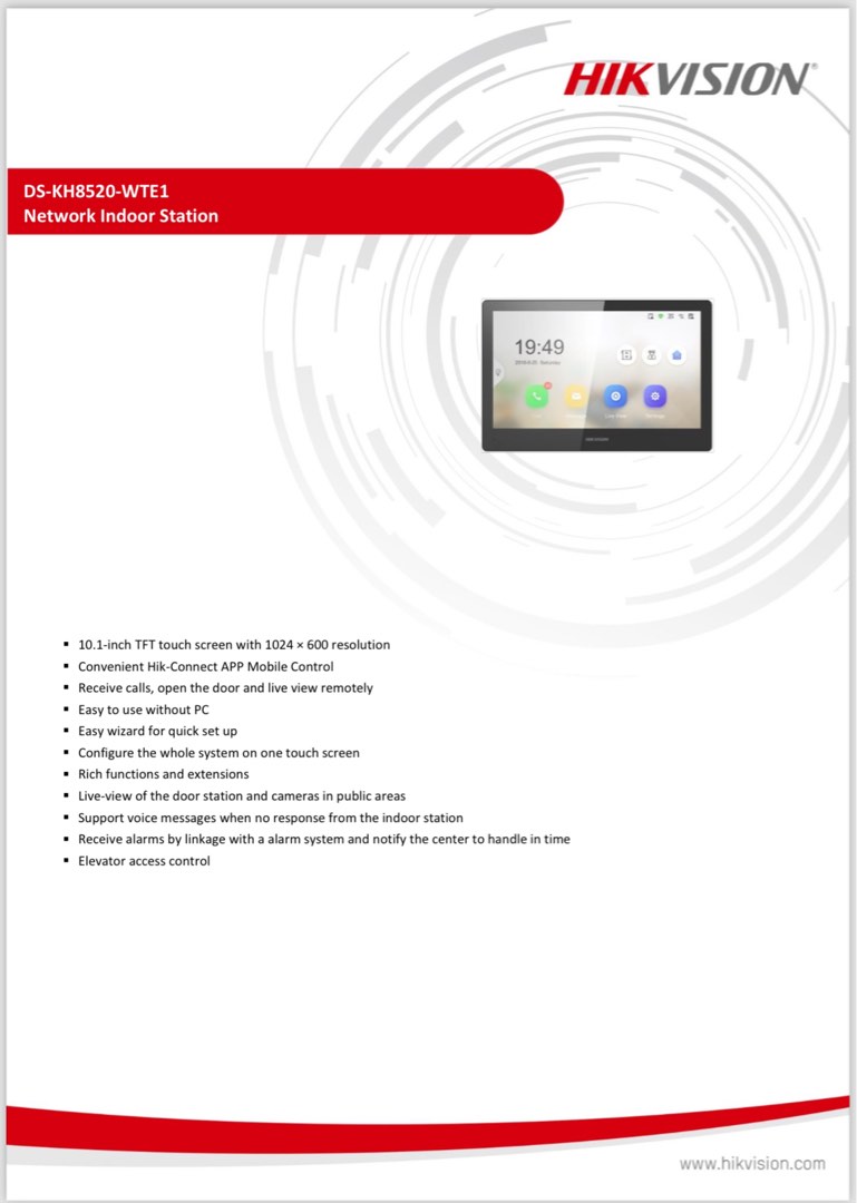 Hikvision Intercom Screen Panel DS-KH8520-WTE1 Hikvision 10''inch Touch ...