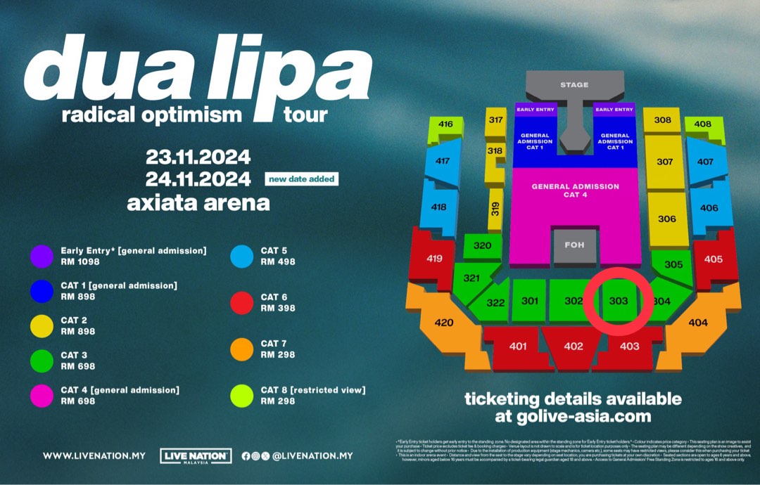 Dua Lipa 23 NOV (CAT 3) Ticket x2 (negotiable), Tickets & Vouchers ...
