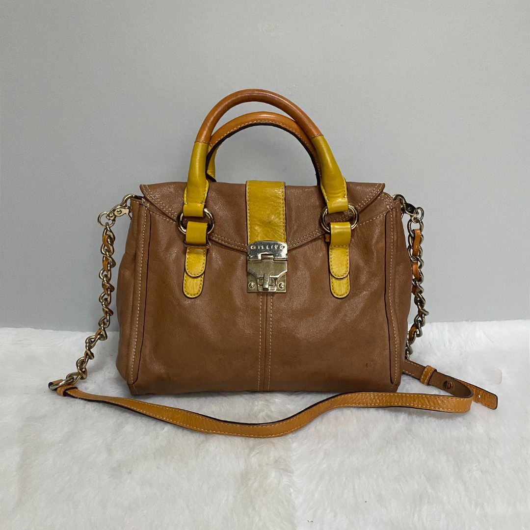 Gillivo Italy Vintage Brown Yellow Two Leather Crossbody Bag, Women's ...