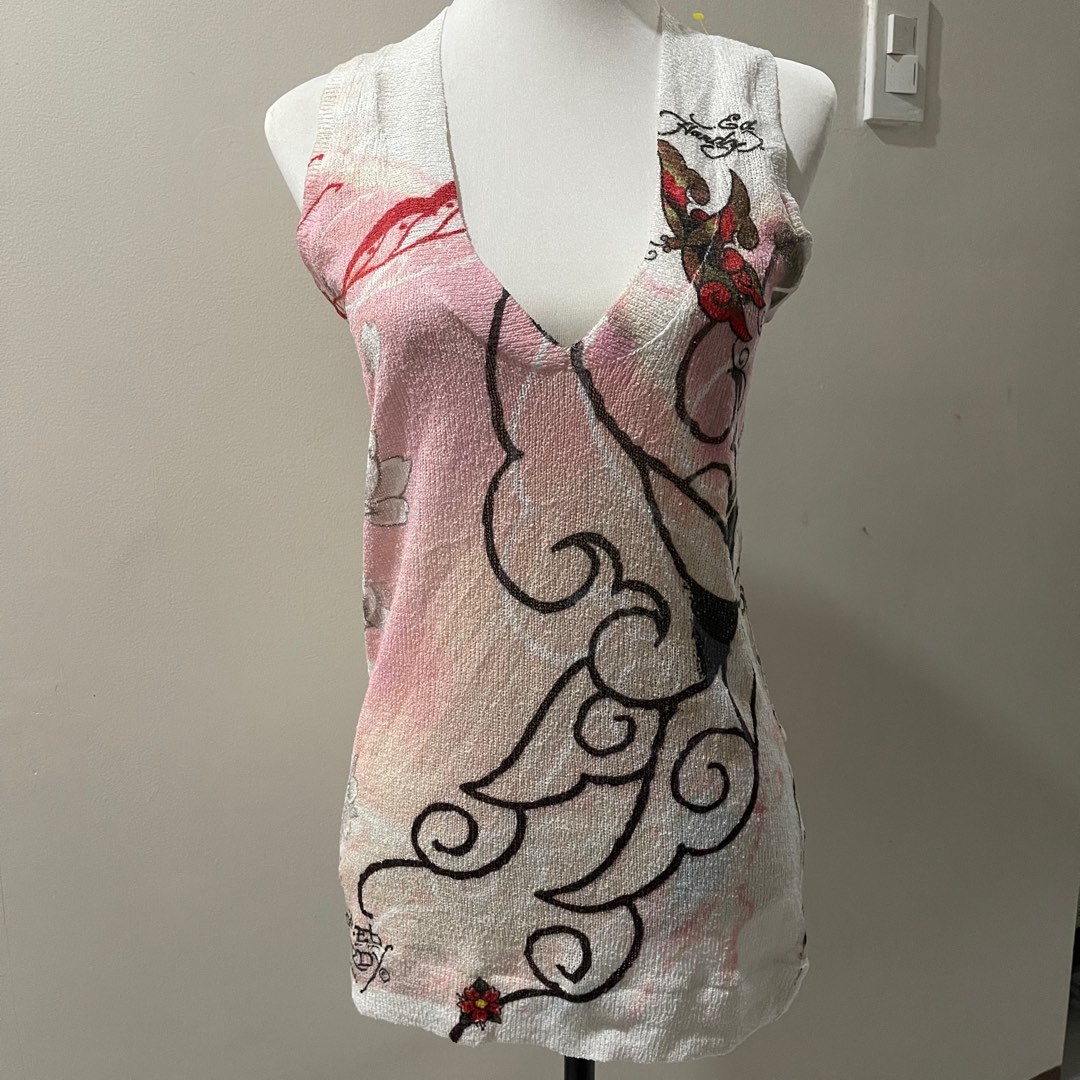[RARE] Ed Hardy Vintage Tattoo Print Pink Cream White y2k vest street ...