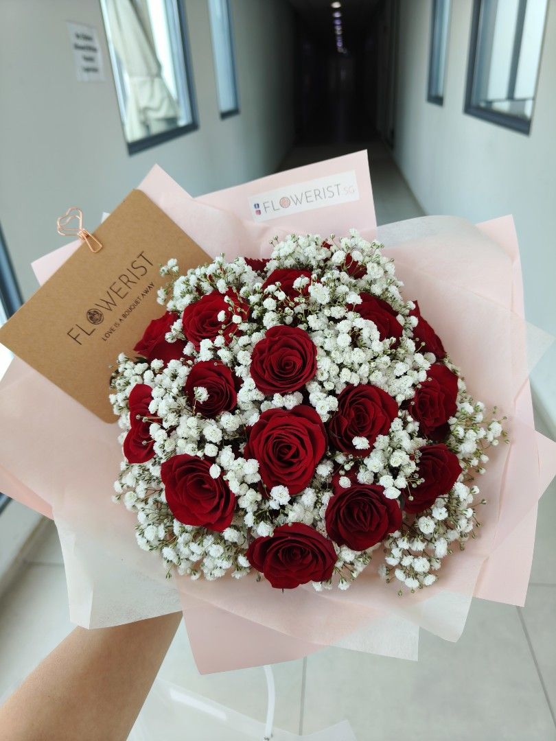 Red Rose Baby Breath Fresh Flower Bouquet ; anniversary, birthday ...