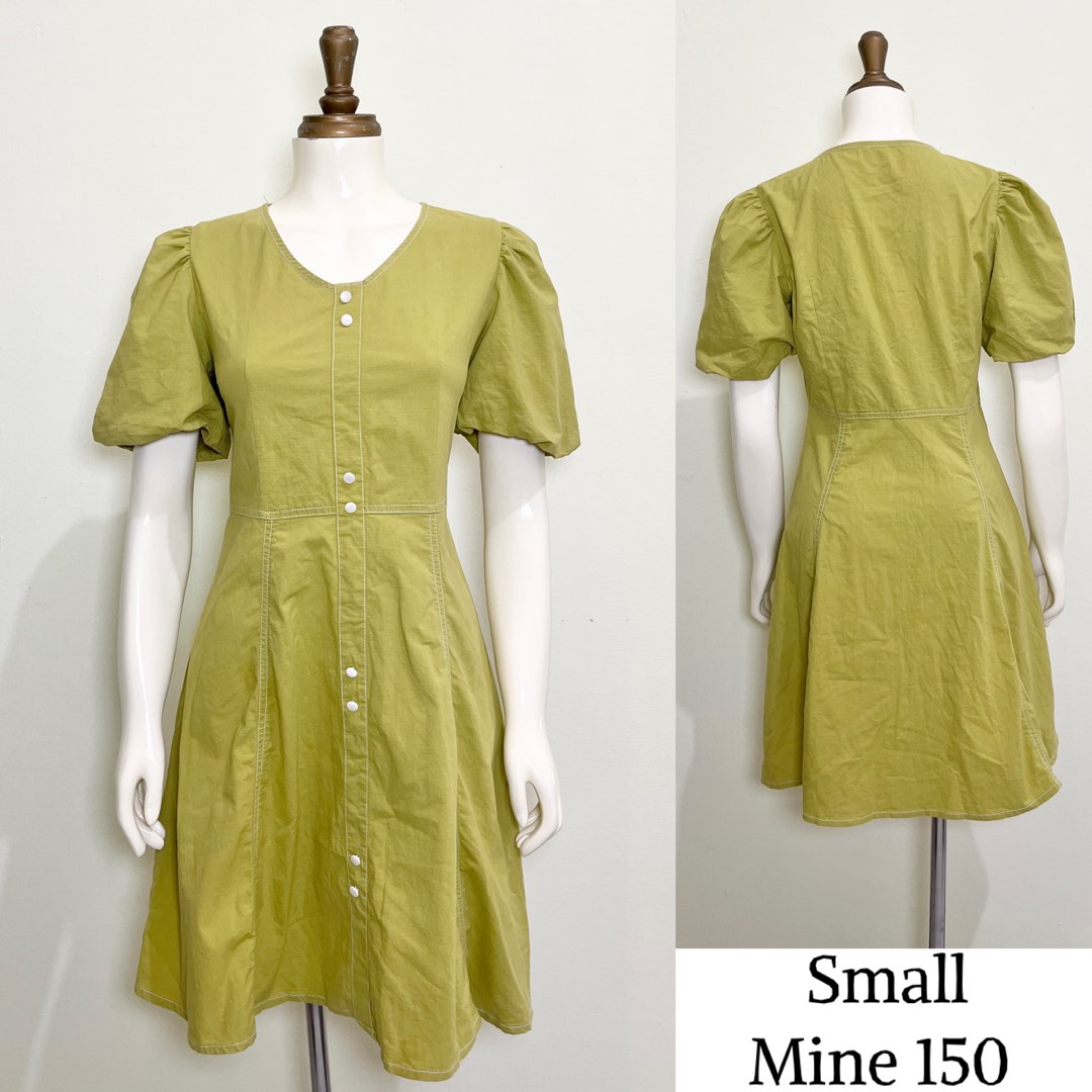 Avocado Green Puff Sleeve Dress, Women's Fashion, Dresses & Sets ...