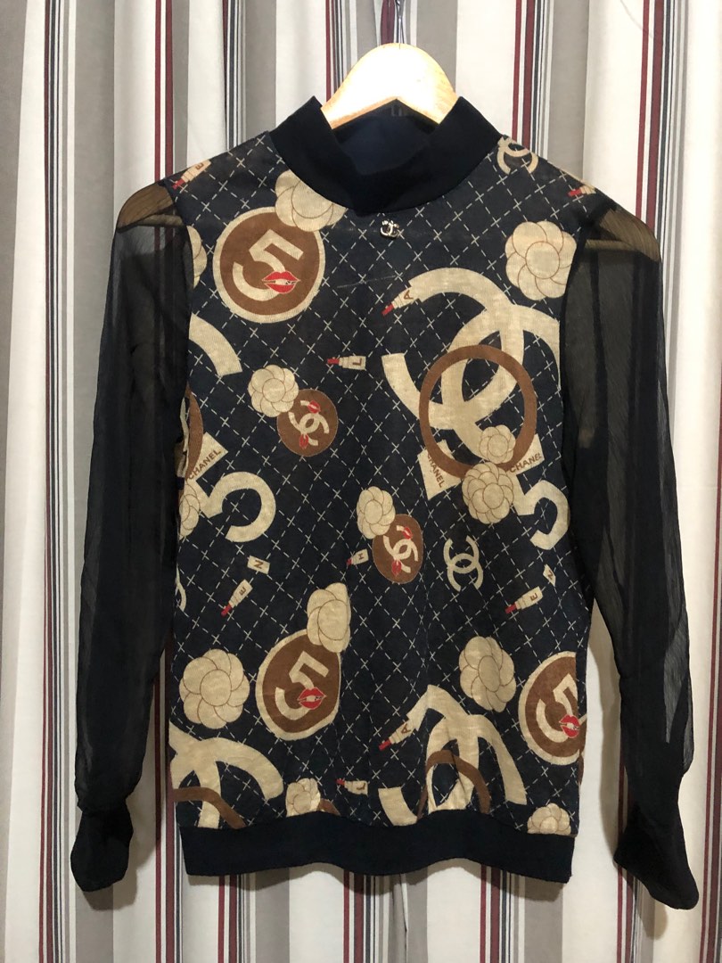 CC Chanel Logo Print Knit /Mesh LS Top, Women's Fashion, Tops ...