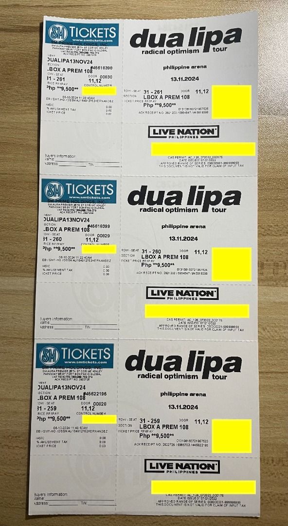 DUA LIPA LBA PREMIUM 3 TICKETS RADICAL OPTIMISM TOUR MANILA NOVEMBER 13 ...
