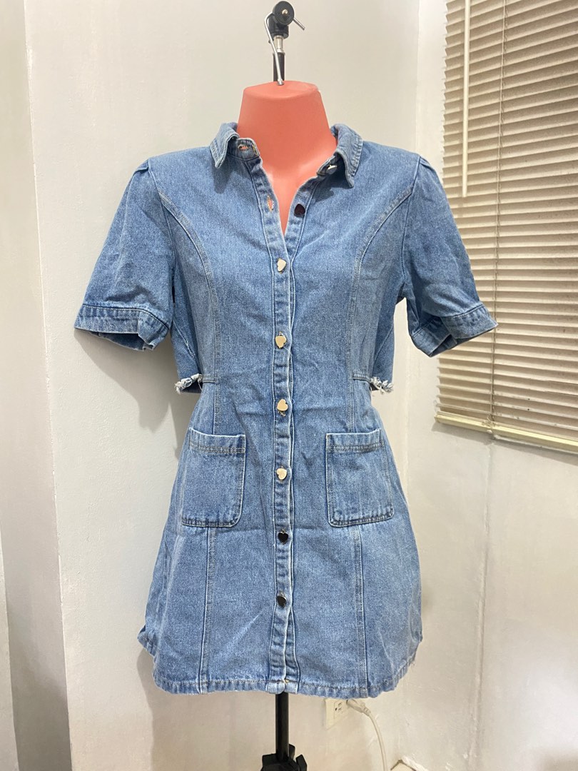 MILAN Spring Denim Mini Dress Open Back Heart Button Design, Women's ...