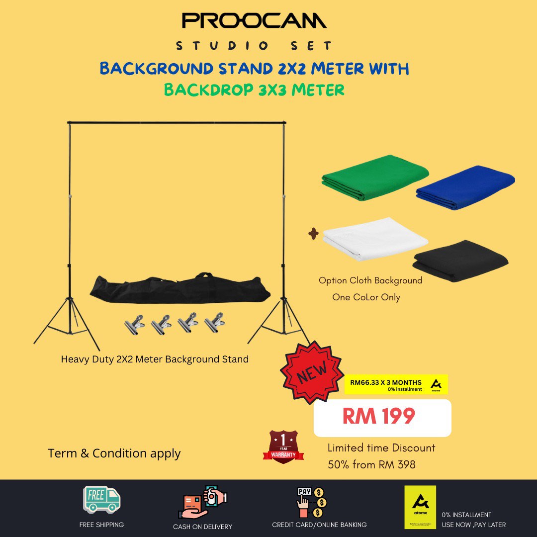 New Proocam Backdrop BG200 2x2 Meter Stand 3x3 Meter Cloth Black Green ...