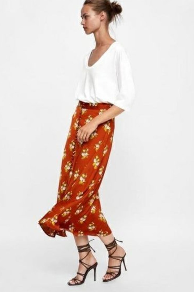 ZARA rust floral maxi skirt, Women's Fashion, Bottoms, Skirts on Carousell
