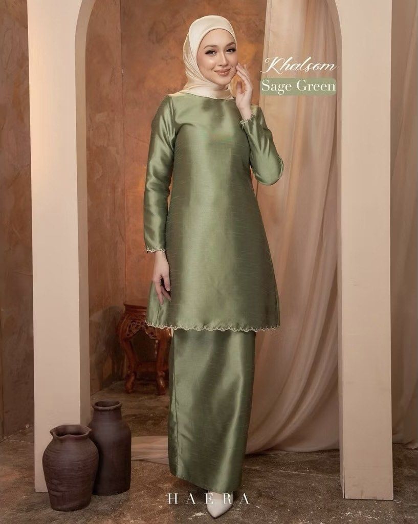 Haera Khalsom Kurung Pahang Shantung Silk [S] Sage Green, Women's ...
