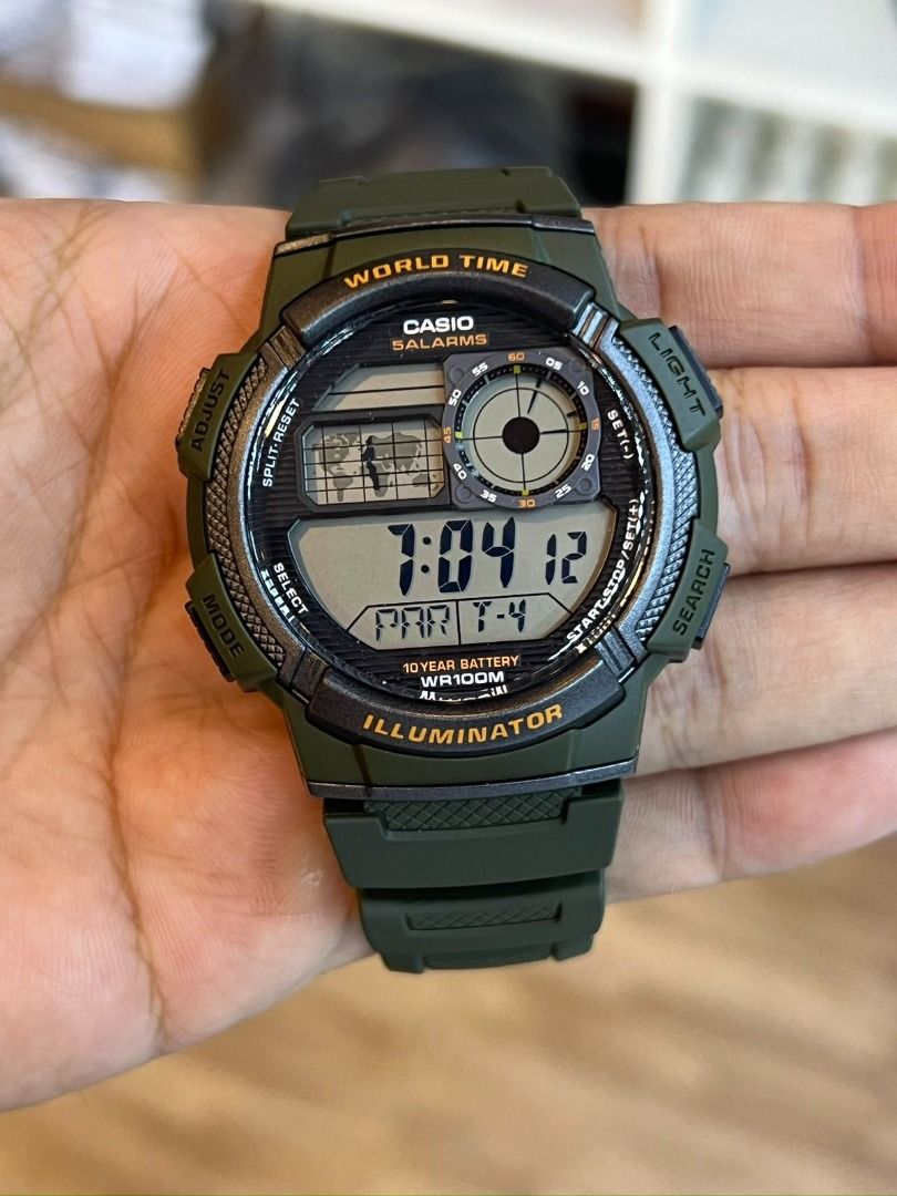 ORIGINAL CASIO World Time Digital Army Green Unisex Watch AE-1000W-3A ...