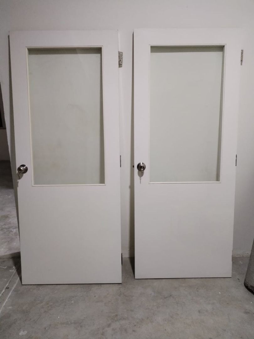 Pintu Papan Kaca Tempered Glass Panel Door Wooden Frame White (Last ...