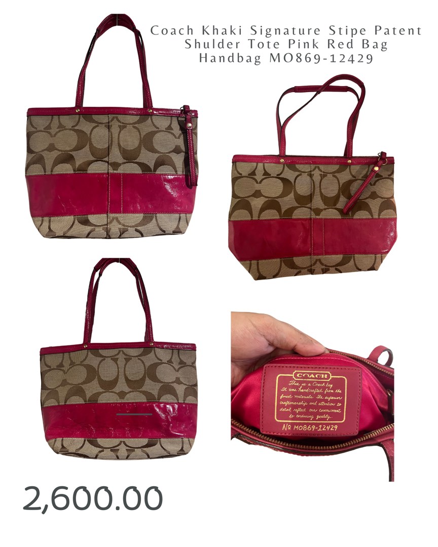 Coach Khaki Signature Stipe Patent Shulder Tote Pink Red Bag Handbag MO869-12429, Luxury, Bags ...