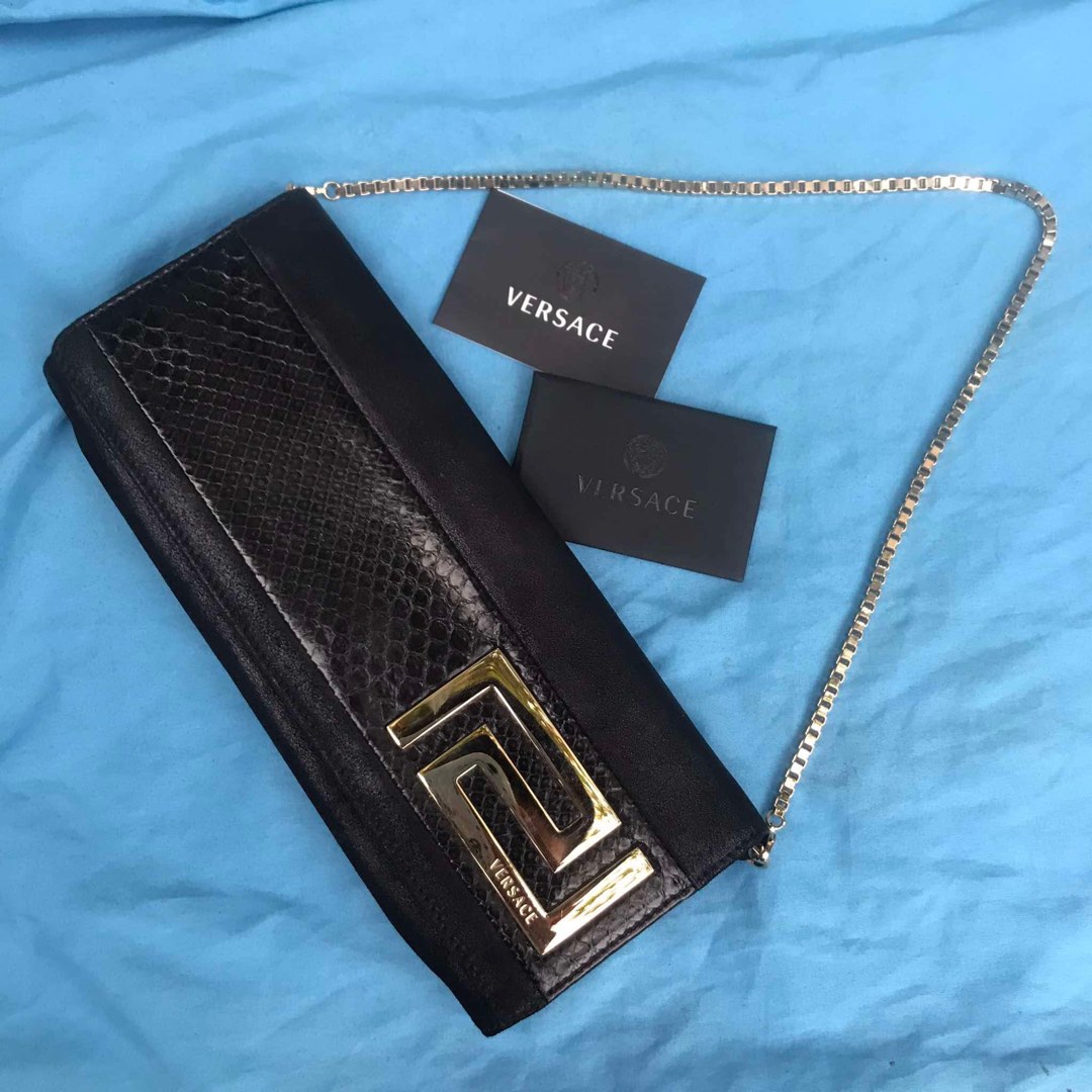 Versace Black Nubuck and Snakeskin Logo Flap Chain Clutch, Luxury, Bags ...