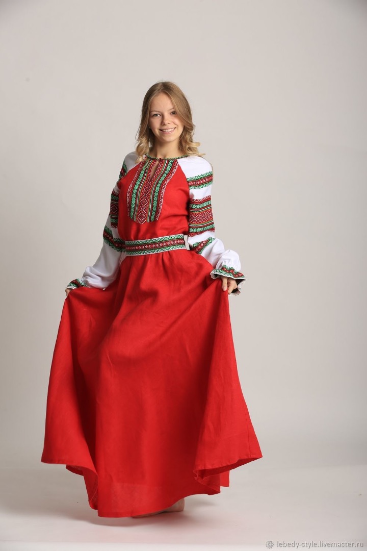 Russian Traditional Slavic Dress (Deep Red & Slavic Embroidery), Women ...