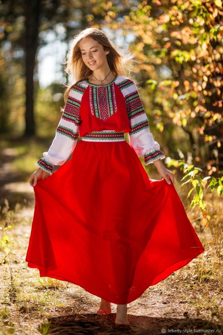 Russian Traditional Slavic Dress (Deep Red & Slavic Embroidery), Women ...