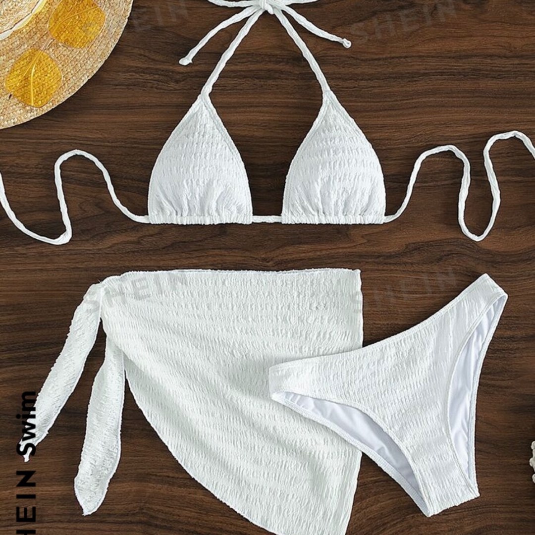 Shein 3pc Bikini Set: White Bikini with Tie Skirt, Women's Fashion ...