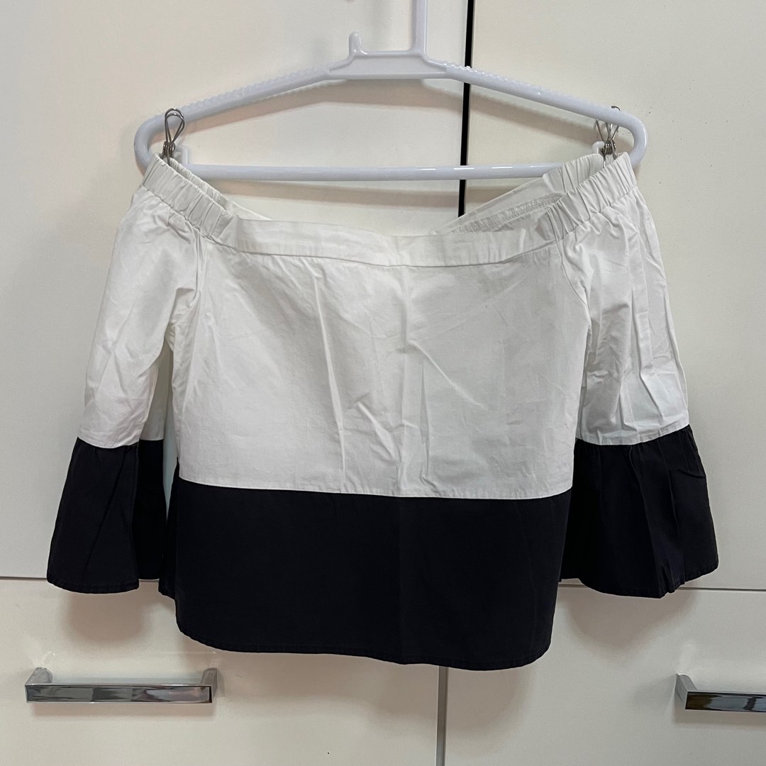 White and Black Off Shoulder Office Top, Women's Fashion, Tops, Blouses ...