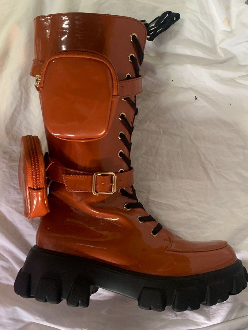 Glossy Orange High-Rise Boots w/ Detachable Pouches | Bold & Eye ...