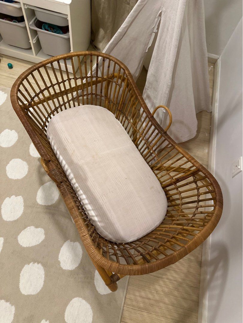 Rattan Rocking Baby Cot with Removable Bassinet + Free Mattress, Babies ...