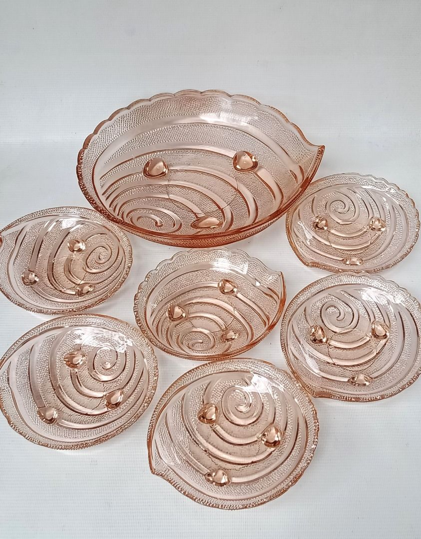 Set of 7 Orange Spiral Geometric Footed Glass Plates - 1 Serving Dish ...