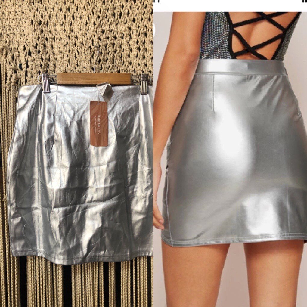 Shein metallic silver leather skirt, Women's Fashion, Bottoms, Skirts ...