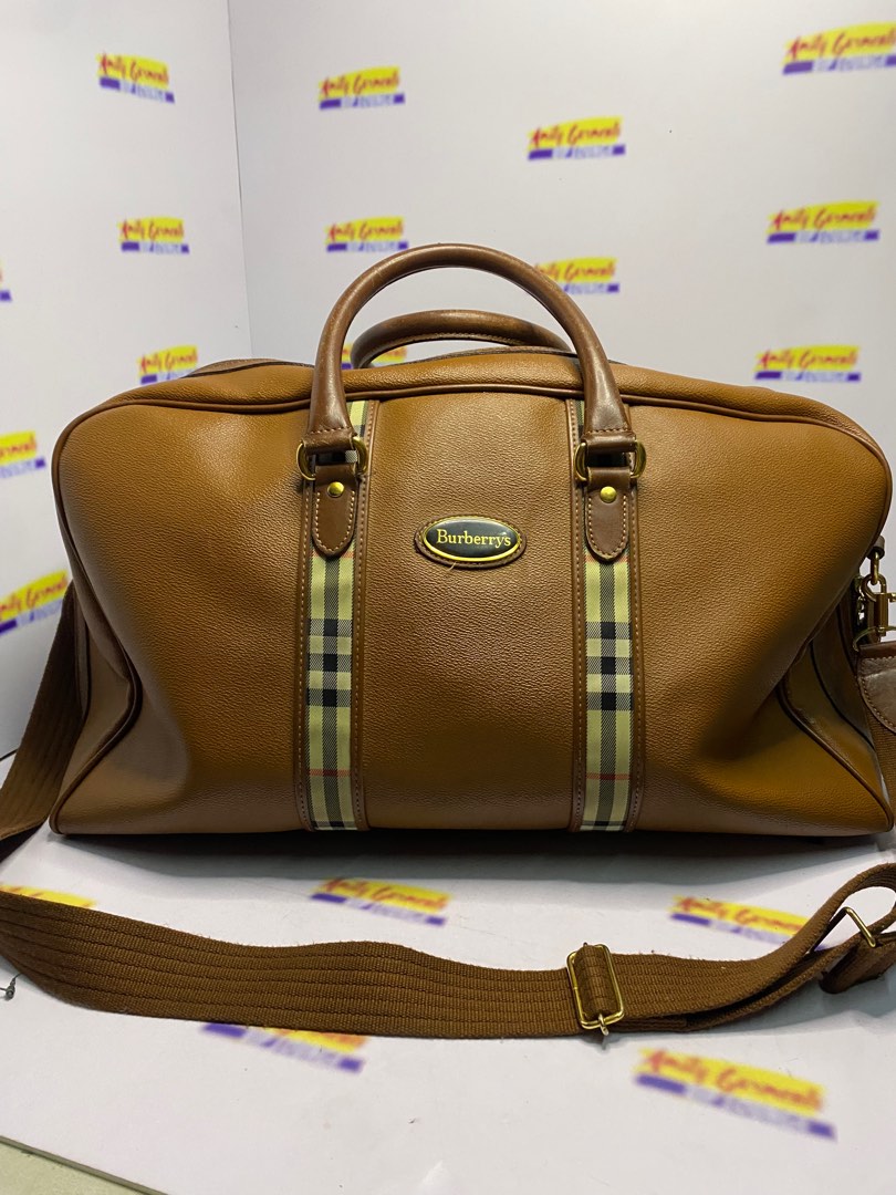 Vintage Burberry Brown Leather Nova Check Duffle Weekender Travel Bag ...