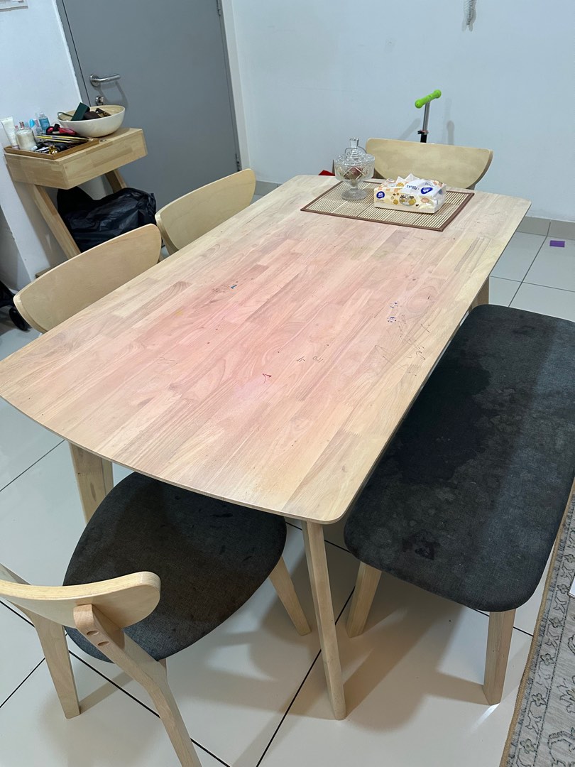 White wood 6 seaters muji style dining table, Furniture & Home Living ...