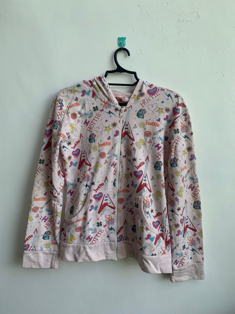 Y2K PUNK/ROCK LIGHT PINK PRINTED HOODIE JACKET, Women's Fashion, Coats ...