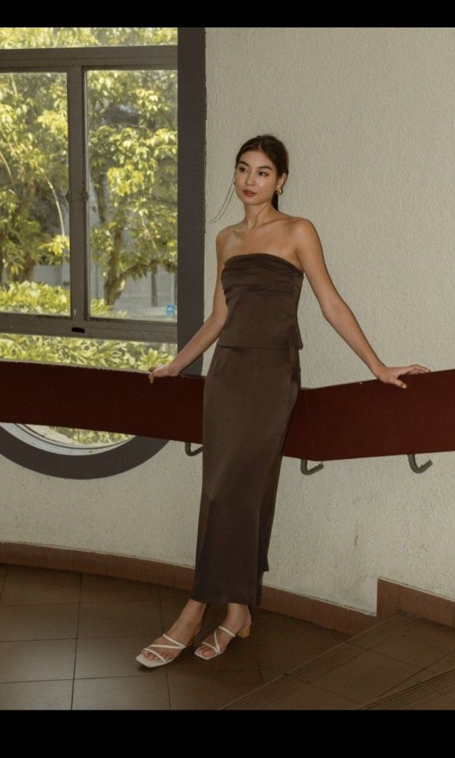 Lovet Georgine Padded Satin Ruched Two-Way Top (Espresso), Women's ...