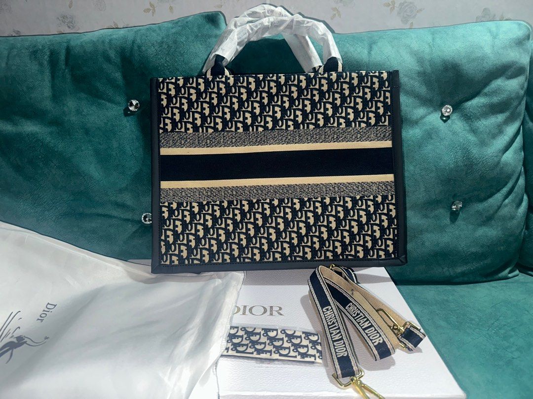 DIOR Book Tote Shoulder Strap Embroidered Canvas With Blue Cowhide ...