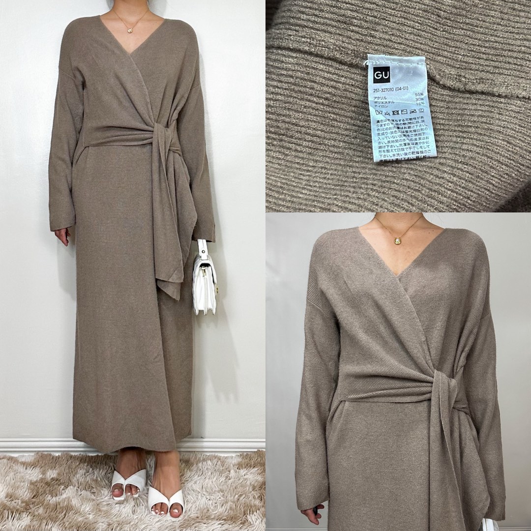 GU brown self tie overlap long maxi knit dress, Women's Fashion, Dresses & Sets, Dresses on ...