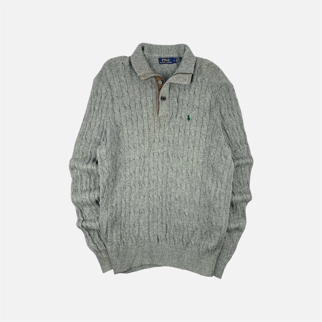 POLO RL Gray Cable-knit Buttoned Qzip, Men's Fashion, Coats, Jackets ...