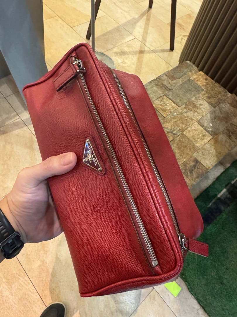 Prada Saffiano Crimson Dopp kit, Luxury, Bags & Wallets on Carousell