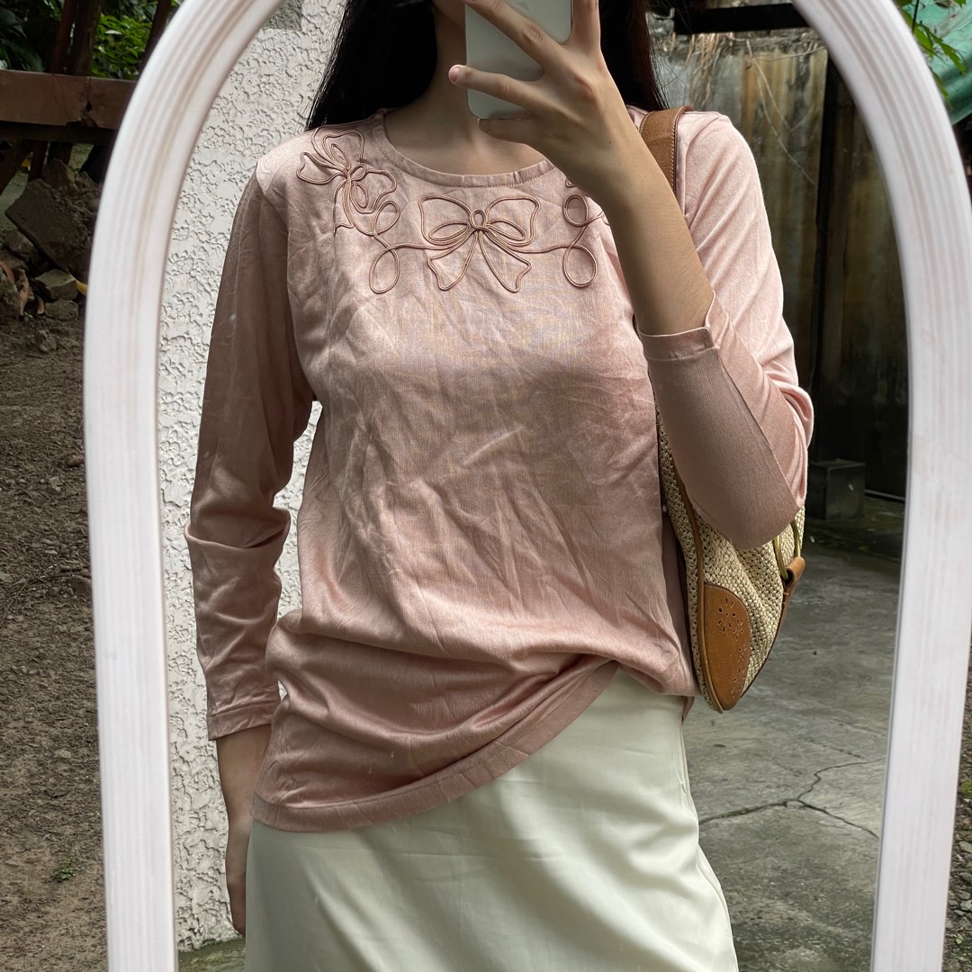 Prettiest Rare Coquette Pink Bow Ribbon Long Sleeve Sweater Top, Women ...