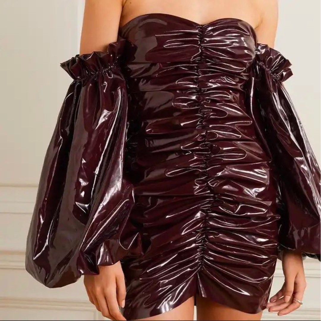Rotate Birger Christensen Phoebe Ruched Off-The-Shoulder Vinyl Mini ...