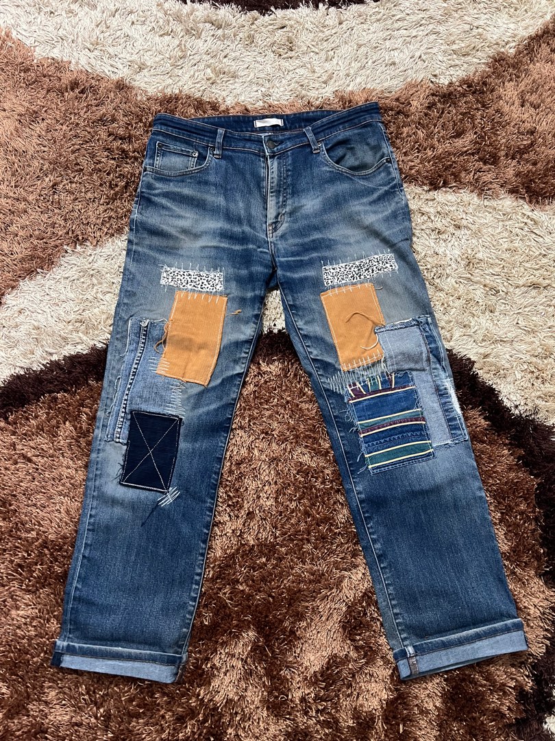 Uniqlo jeans custom patch work, Men's Fashion, Bottoms, Jeans on Carousell