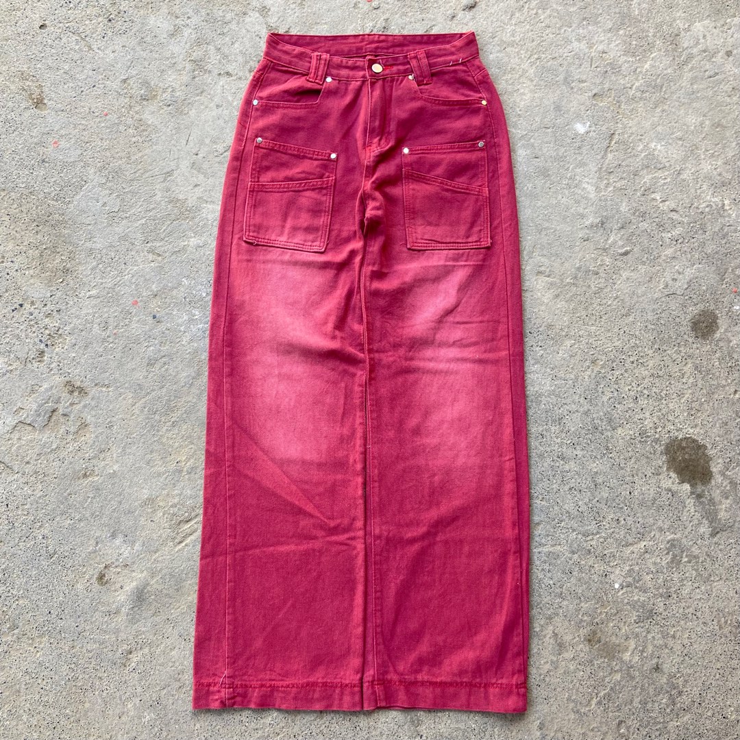 RED WASHED RARE CARGO DENIM WIDELEG BAGGY PANTS, Women's Fashion ...