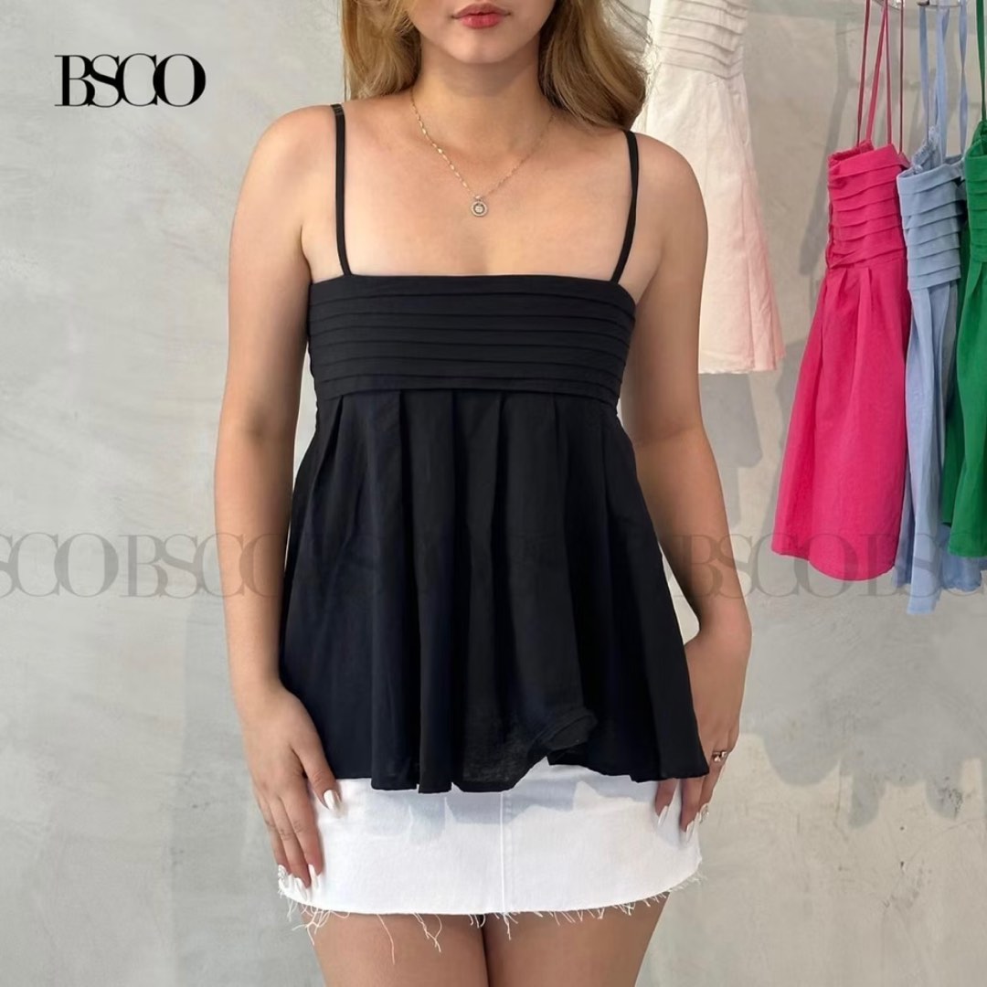 BSCO Black Aki Pleated Peplum Top, Women's Fashion, Tops, Sleeveless on ...