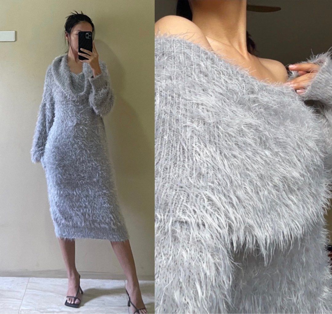 GU by Uniqlo- Soft Fluffy 2-way High/ Turtle Neck Off Shoulder Fur Midi Dress, Women's Fashion ...