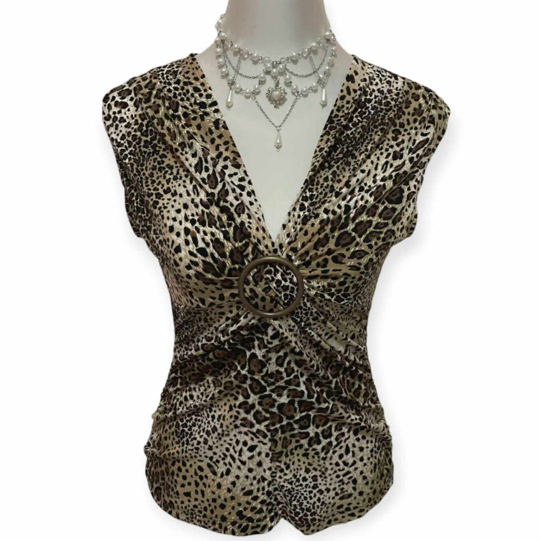 sleeveless deep v leopard print with front buckle y2k gyaru, Women's ...