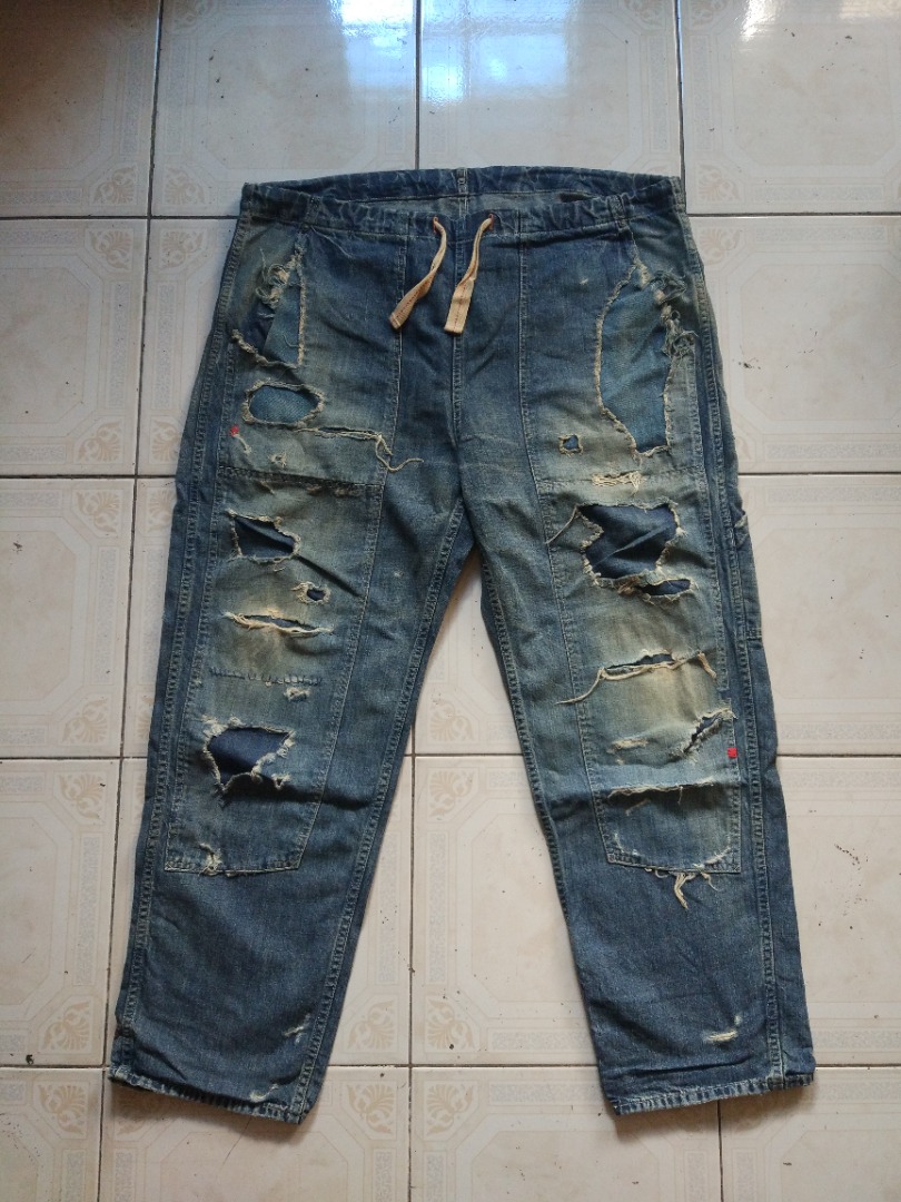 ANACHRONORM Damaged Denim W-Knee Easy Pants 39 actual, Men's Fashion ...