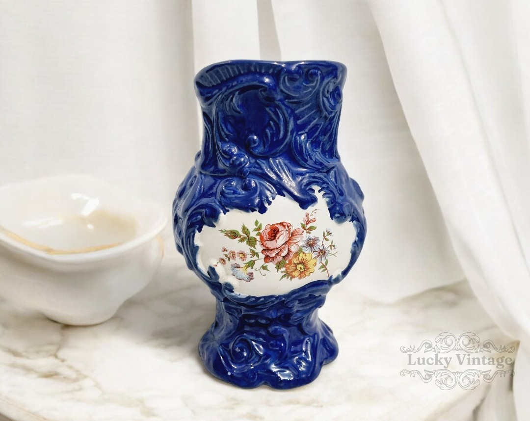 Vintage Antik Made In Romania Vas Bunga Biru Flower Rose Ornamen Eropa ...